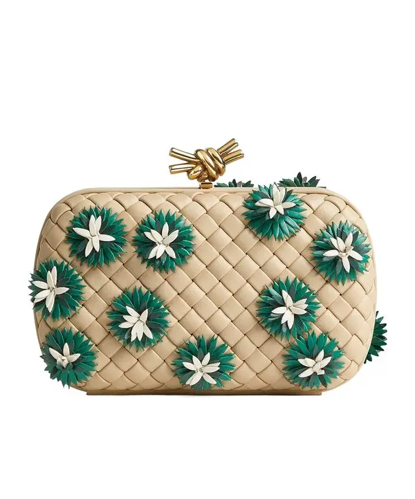 Bottega Veneta Intreccio Woven Clutch With Floral Embellishments - Nude