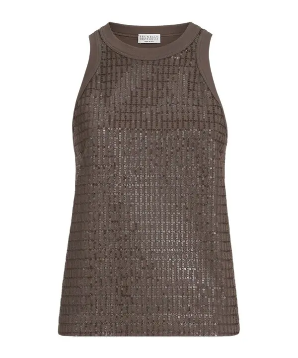 Brunello Cucinelli Embellished Crewneck Sleeveless Top - Brown