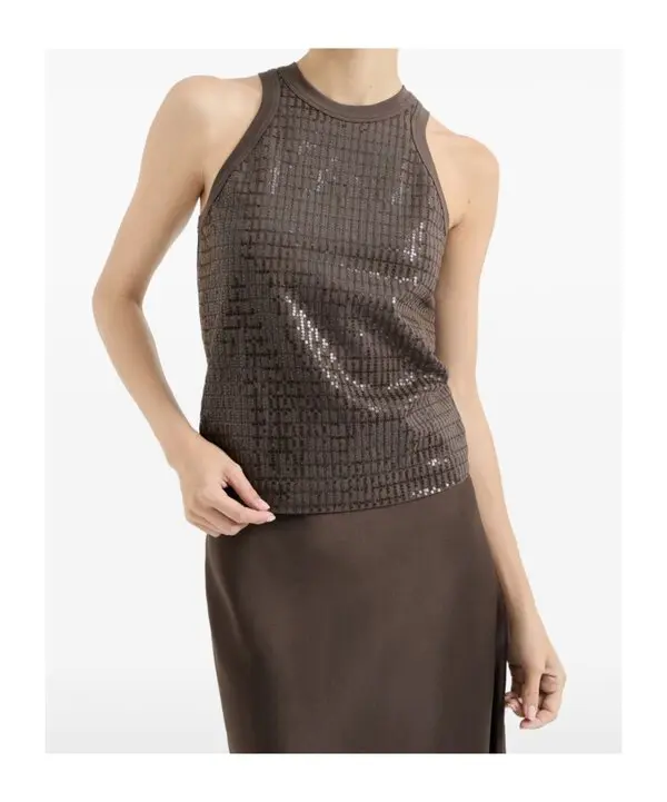 Brunello Cucinelli Embellished Crewneck Sleeveless Top - Brown