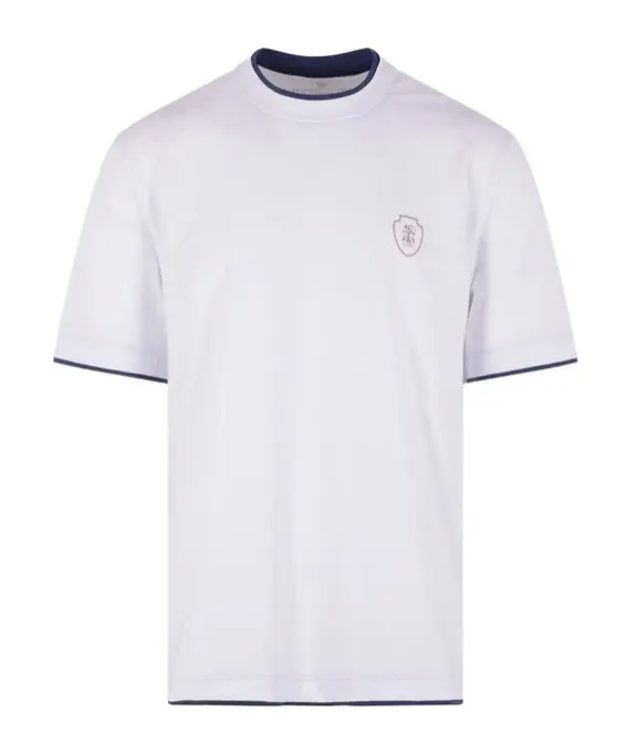 Brunello Cucinelli Comfort Nylon Crew Neck T-shirt With Faux-layering And Logo - White/blue