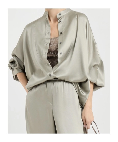 Brunello Cucinelli Mandarin Collar Satin Shirt - Olive