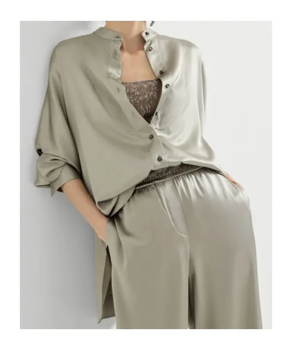 Brunello Cucinelli Mandarin Collar Satin Shirt - Olive