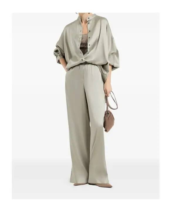 Brunello Cucinelli Mandarin Collar Satin Shirt - Olive
