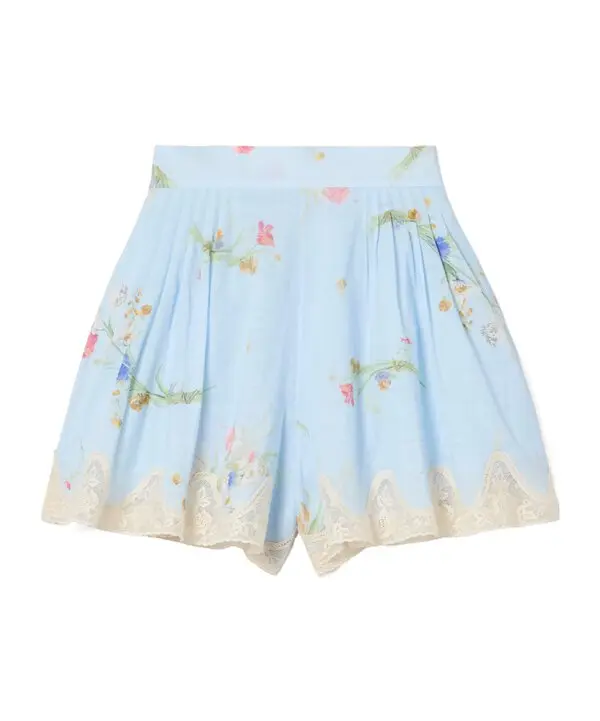 Zimmermann Lucky Printed Cotton Tulle Shorts With Lace Trim