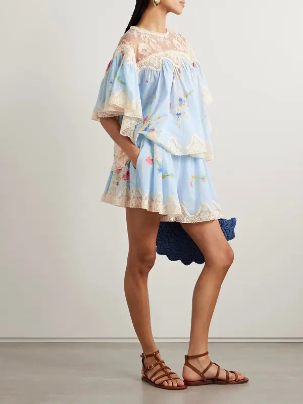 Zimmermann Lucky Printed Cotton Tulle Shorts With Lace Trim