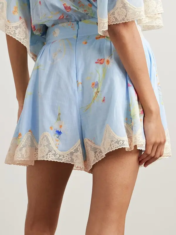 Zimmermann Lucky Printed Cotton Tulle Shorts With Lace Trim