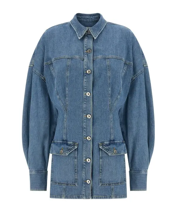 Attico Denim Dress With Extra-wide Sleeves And Contrast Stitching - Blue