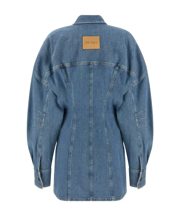 Attico Denim Dress With Extra-wide Sleeves And Contrast Stitching - Blue