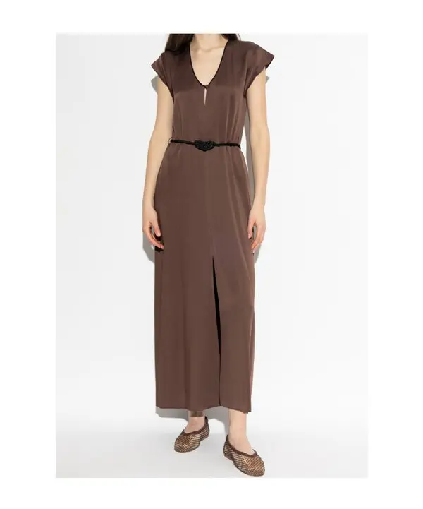 FORTE_FORTE Maxi Dress With V-neck And Tasselled Waist Tie - Chocolate-colored