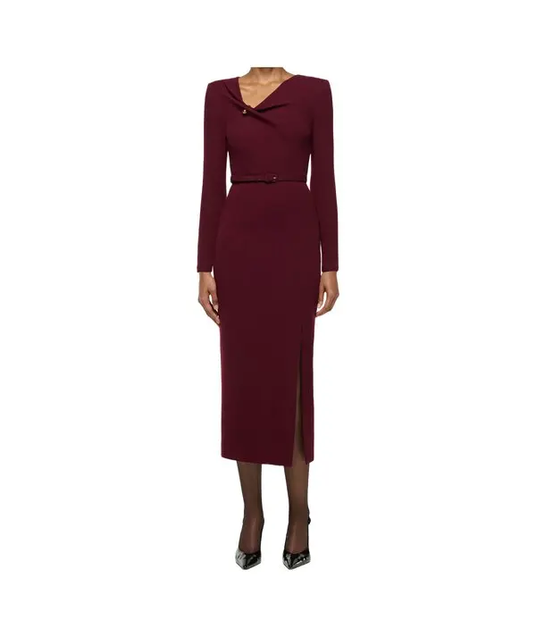 Roland Mouret Asymmetrical Draped Neck Belted Wool Dress - Mulberry