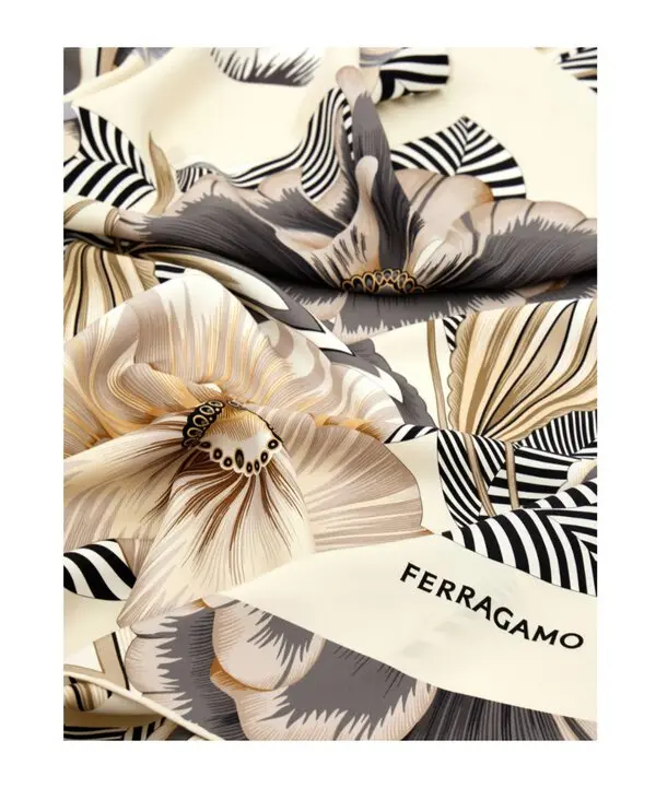 FERRAGAMO Brezza Print Silk Scarf - Ivory/black