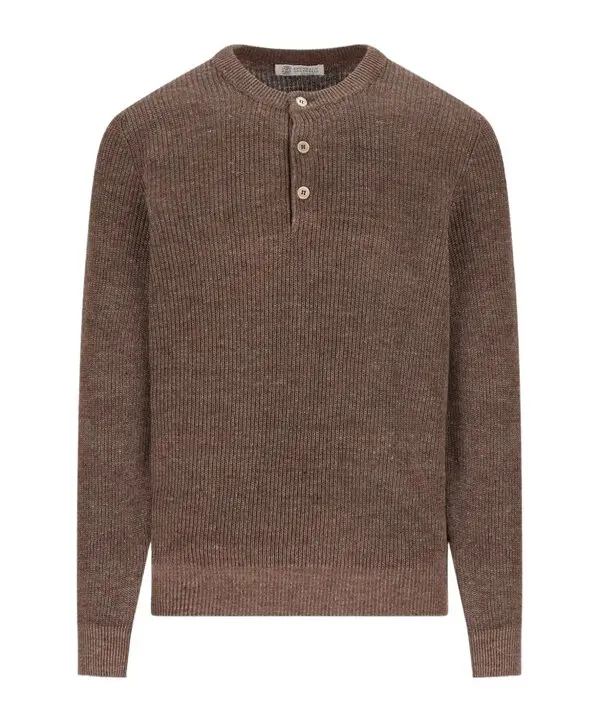 Brunello Cucinelli Ribbed Henley Knit Sweater - Brown