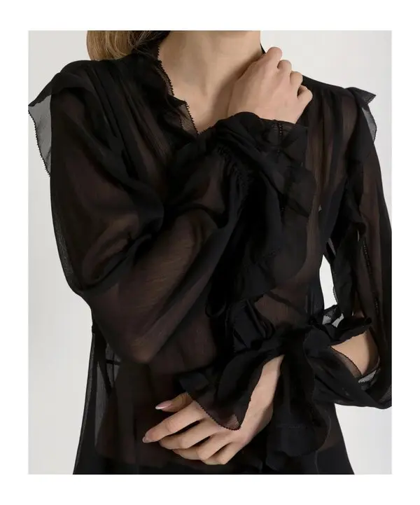 Alberta Ferretti Silk Creponne Ruffled Blouse - Black