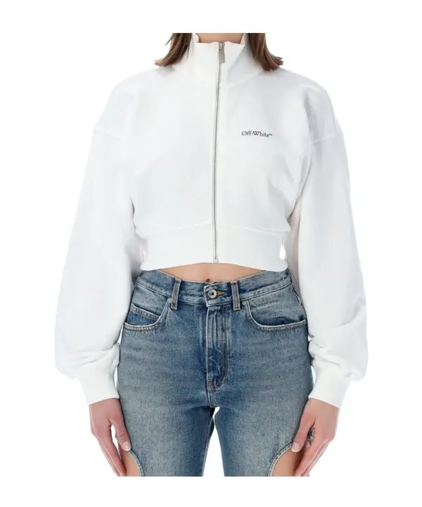 Off-White High Neck Zip-up Cropped Sweatshirt With Floral Arrow Print - White