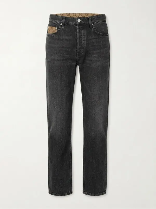 Gucci Washed Denim Jeans With Monogram Detail - Black