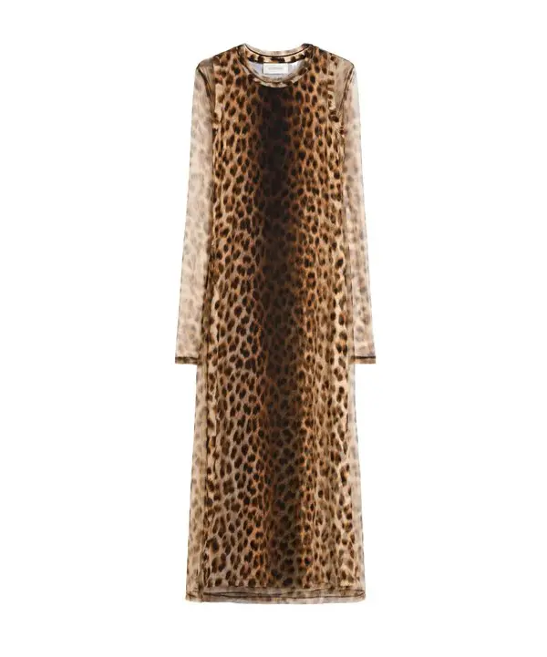 Sportmax Leopard Print Long Sleeve Sheer Tulle Dress - Beige