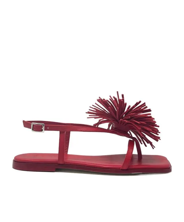 VIC MATIE Square Open Toe Fringed Thong Sandals - Red