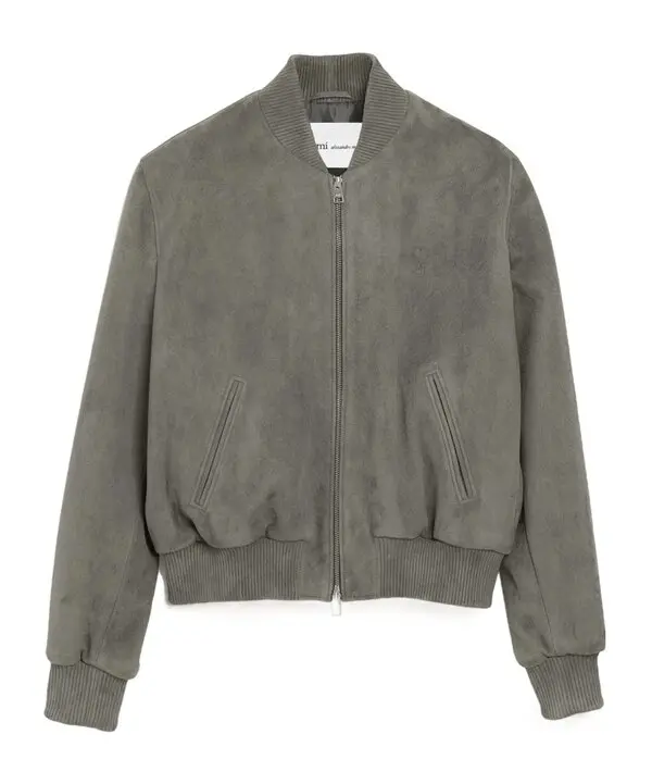 Ami Zip Up Bomber Jacket With Embossed Logo - Carbon Gray