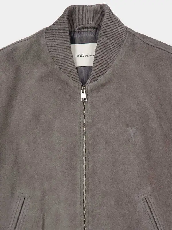 AMI Paris Zip Up Bomber Jacket With Embossed Logo - Carbon Gray