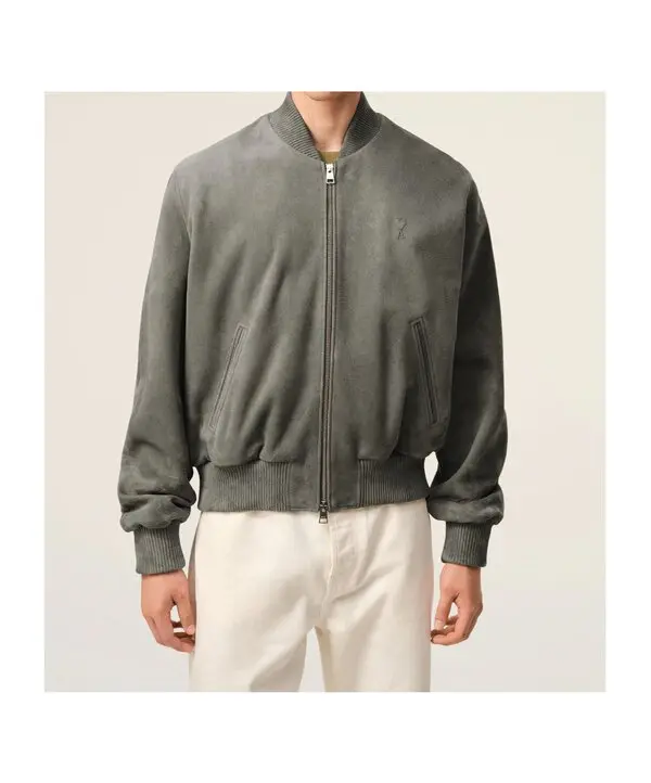 AMI Paris Zip Up Bomber Jacket With Embossed Logo - Carbon Gray