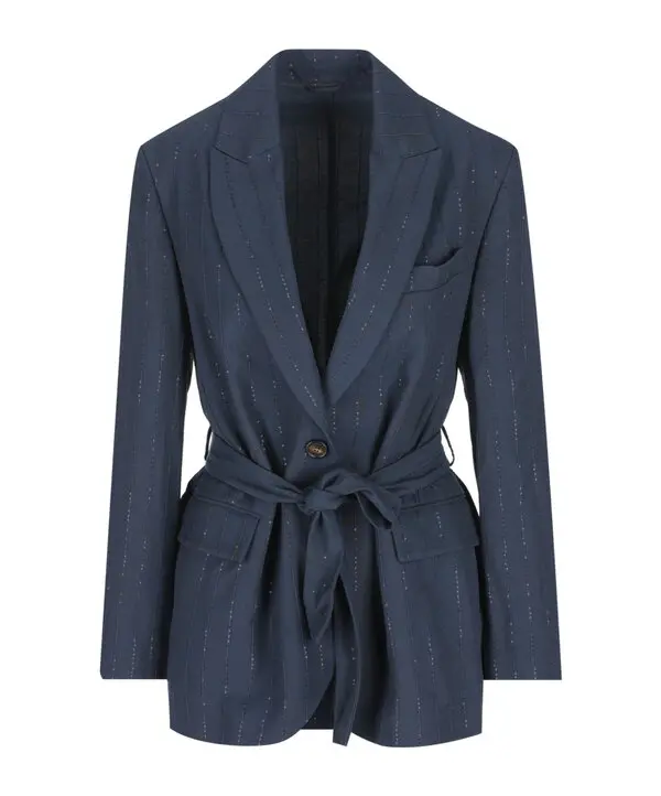 Brunello Cucinelli Belted Chalkstripe Blazer - Black