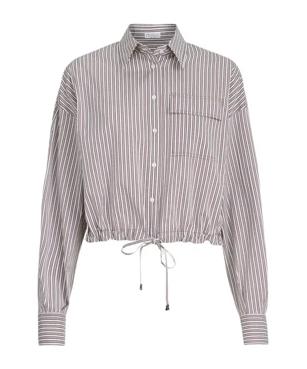Brunello Cucinelli Striped Poplin Shirt With Monili Detail - Gray