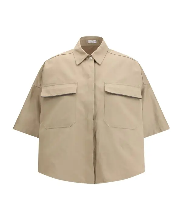 Brunello Cucinelli Short-sleeve Collared Shirt With Chest Pocket - Nude