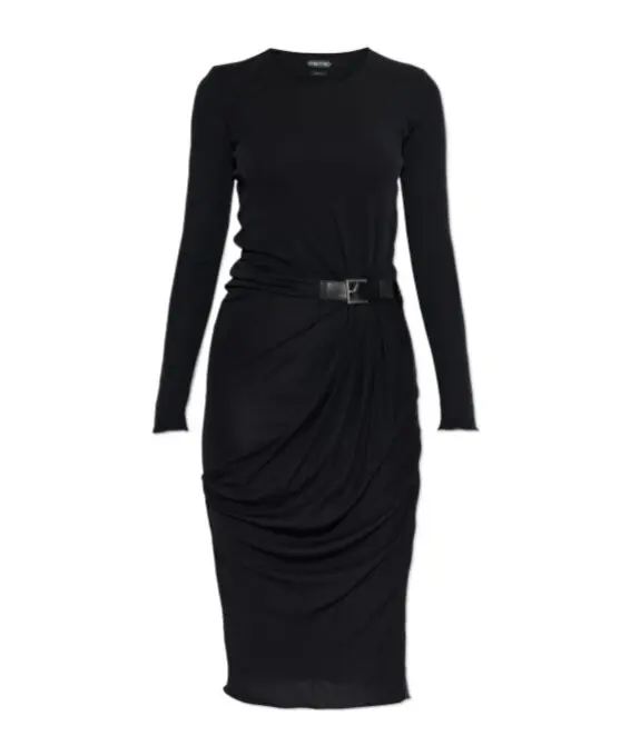 TOM FORD Long Sleeve Round Neck Dress With Decorative Waistband
