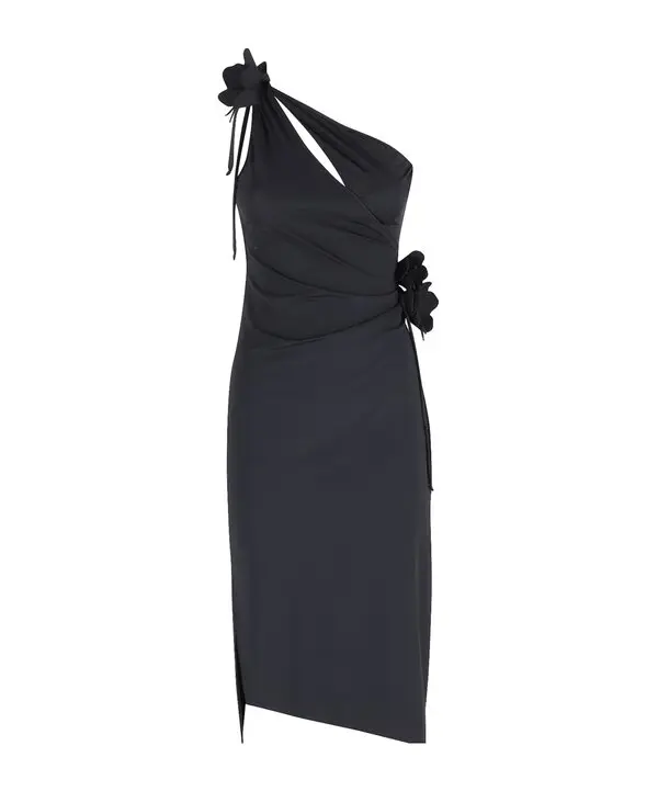 Coperni One-shoulder Flower Midi Gown Dress - Black