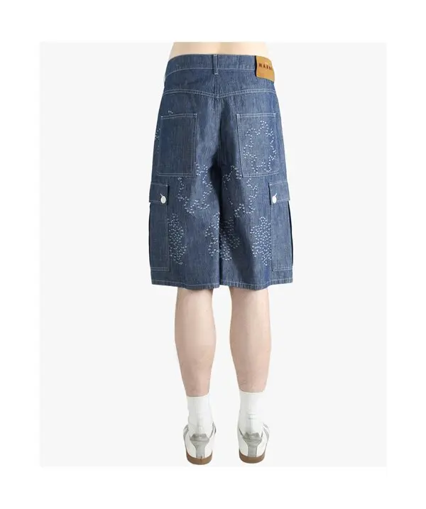 Marni Embroidered Wide Leg Denim Shorts - Blue