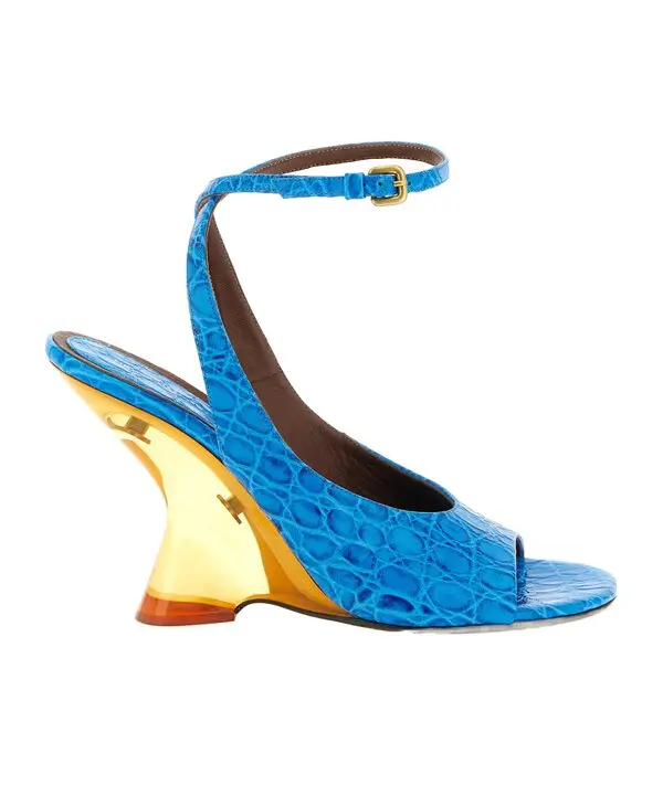 Dries Van Noten Embossed Leather Wedge Sandals With Ankle Strap - Blue
