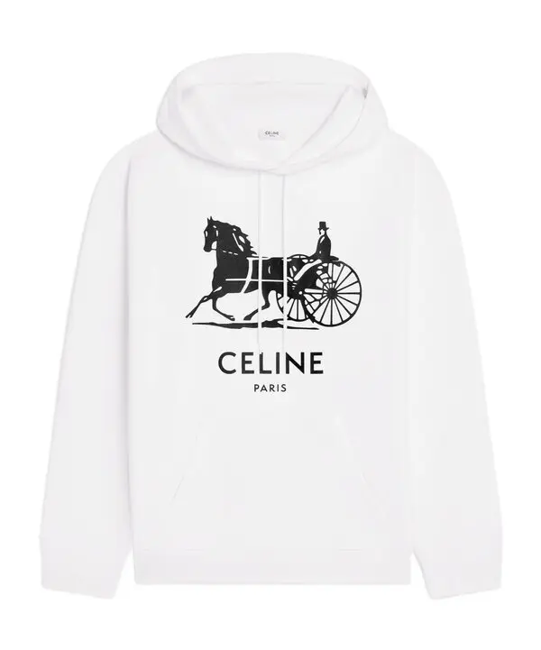 Celine Cotton Fleece Hoodie With Engraved Drawstring Ends - Optical White/black