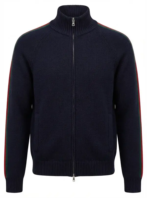 Gucci Knit Zip Jacket With Web Insert - Dark Blue