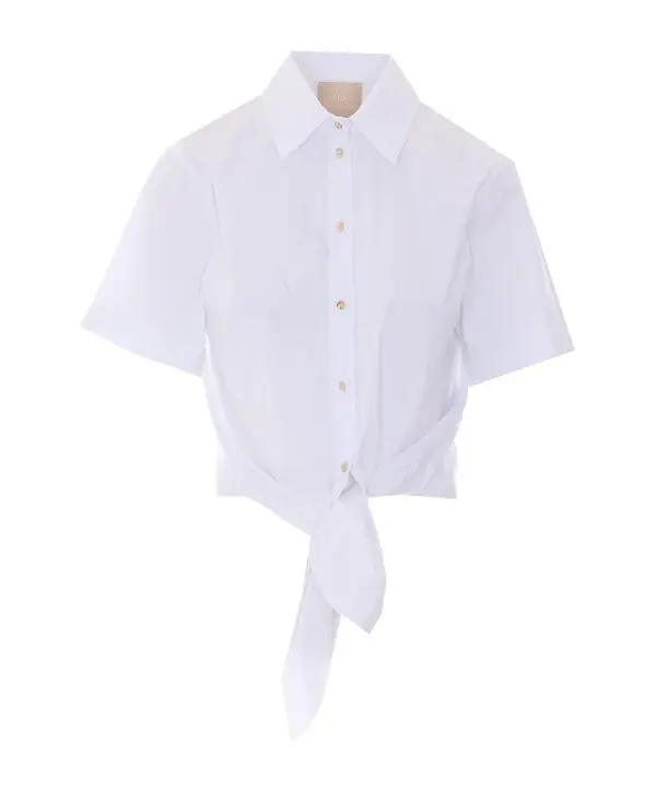 Liu Jo Cropped Tie-front Shirt With Short Sleeves And Turn-down Collar - White