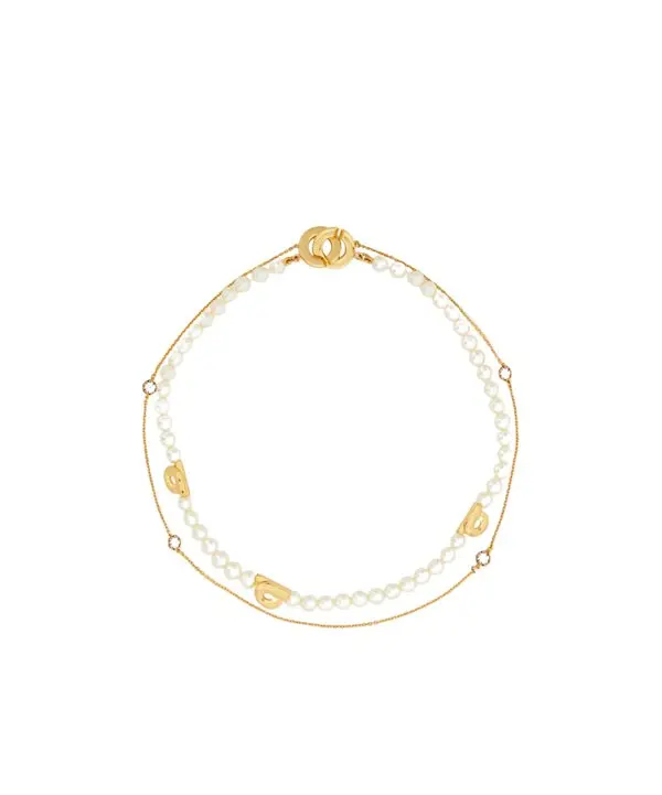 FERRAGAMO Double Strand Pearl Necklace With Gancini Silhouettes - Gold
