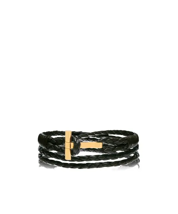 TOM FORD T Plaque Braided Leather Bracelet - Black