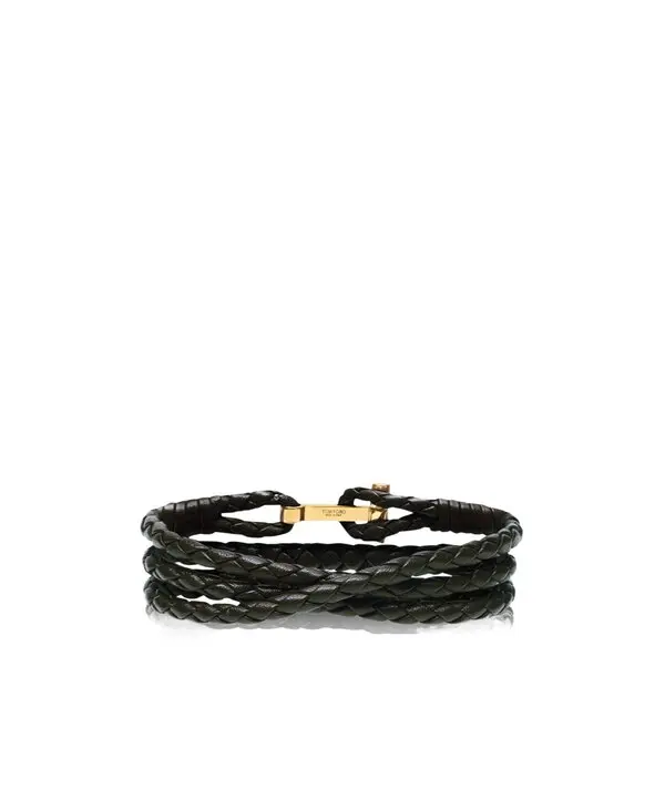 TOM FORD T Plaque Braided Leather Bracelet - Olive Green
