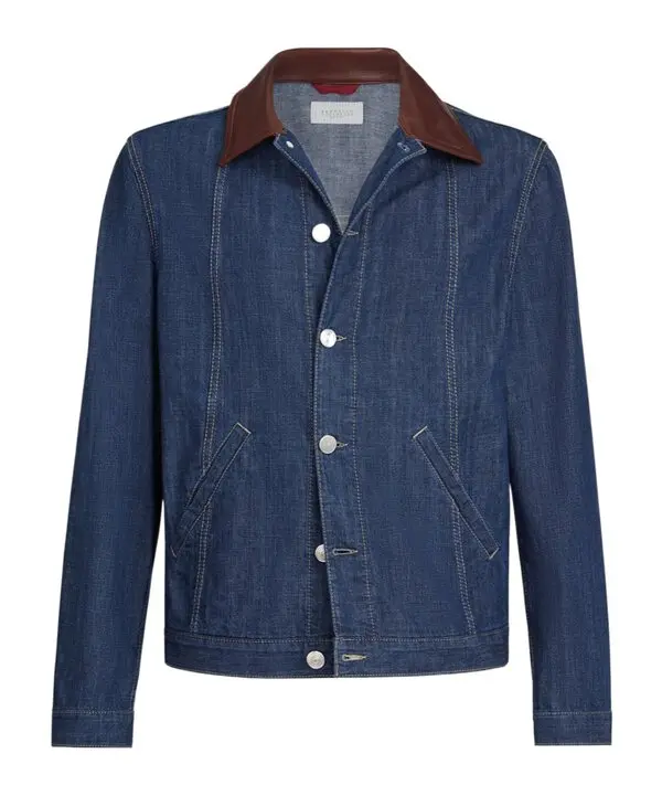 Brunello Cucinelli Single-breasted Jacket With Leather Collar - Denim