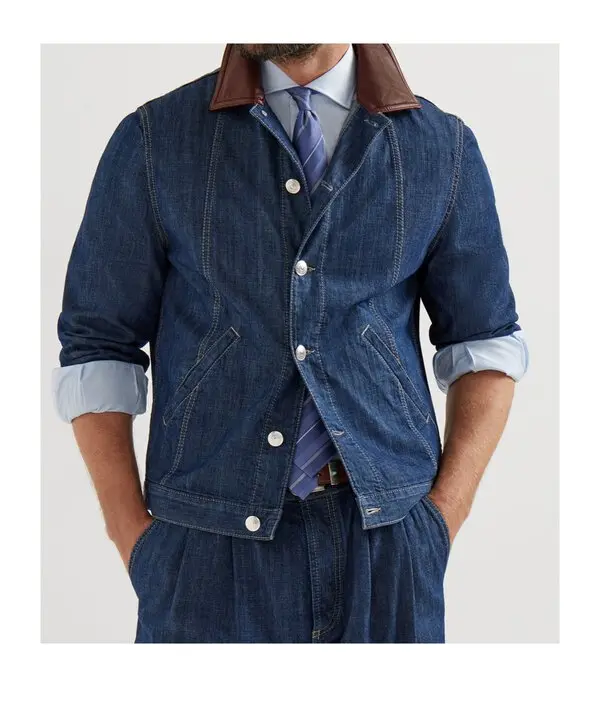 Brunello Cucinelli Single-breasted Jacket With Leather Collar - Denim