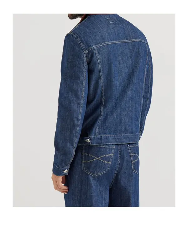 Brunello Cucinelli Single-breasted Jacket With Leather Collar - Denim