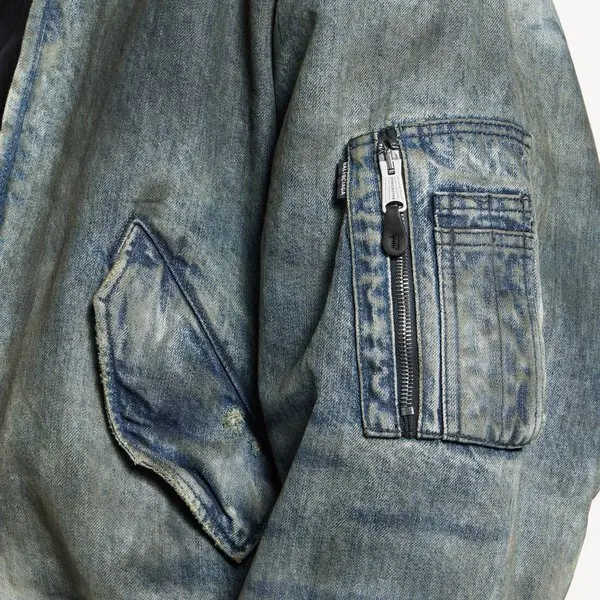 Balenciaga Oversized Zip-up Bomber Denim Jacket With 3b Artwork - Dirty Grey/light Blue