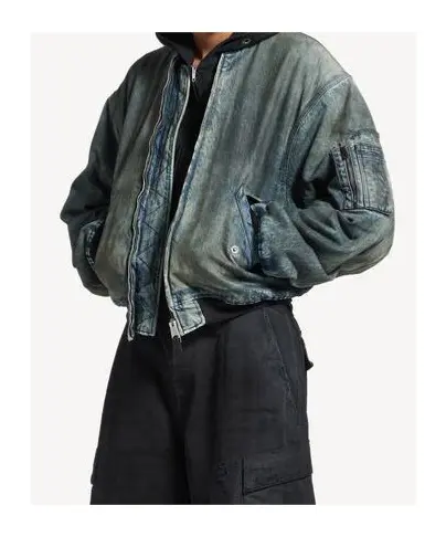 Balenciaga Oversized Zip-up Bomber Denim Jacket With 3b Artwork - Dirty Grey/light Blue
