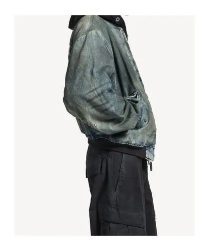 Balenciaga Oversized Zip-up Bomber Denim Jacket With 3b Artwork - Dirty Grey/light Blue