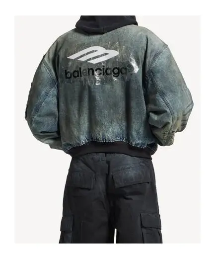 Balenciaga Oversized Zip-up Bomber Denim Jacket With 3b Artwork - Dirty Grey/light Blue