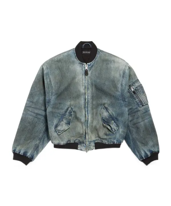 Balenciaga Oversized Zip-up Bomber Denim Jacket With 3b Artwork - Dirty Grey/light Blue