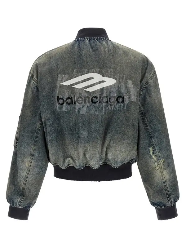 Balenciaga Oversized Zip-up Bomber Denim Jacket With 3b Artwork - Dirty Grey/light Blue