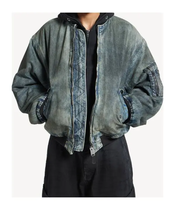 Balenciaga Oversized Zip-up Bomber Denim Jacket With 3b Artwork - Dirty Grey/light Blue