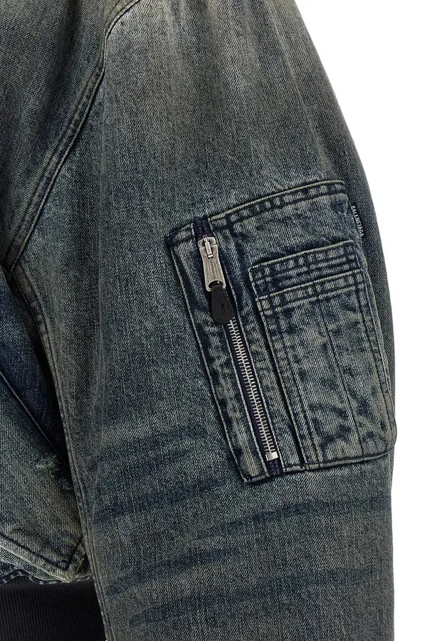 Balenciaga Oversized Zip-up Bomber Denim Jacket With 3b Artwork - Dirty Grey/light Blue