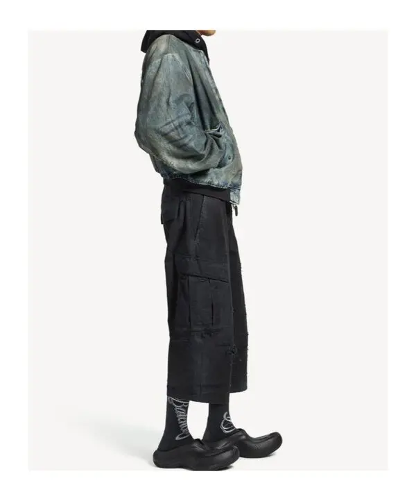 Balenciaga Oversized Zip-up Bomber Denim Jacket With 3b Artwork - Dirty Grey/light Blue
