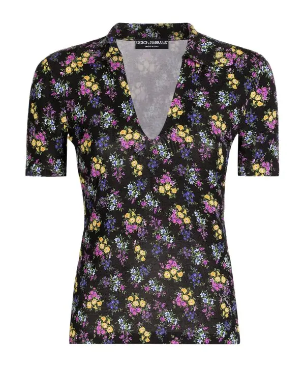 Dolce & Gabbana Short Sleeve Floral Polo Shirt - Black